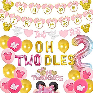 Cartoon Mouse 2nd Birthday Decorations for Girl Pink and Gold Oh Twodles Birthday Party Supplies with Cake Topper Number 2 Foil Balloon Happy Birthday Banner Garland for Cartoon Mouse Themed Party Decorations