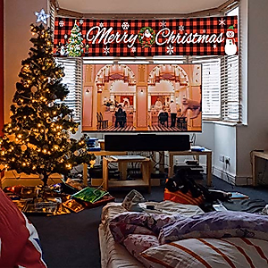 Large Merry Christmas Banner, Red Buffalo Plaid Xmas Sign with Snowman Xmas Tree Pattern for Christmas Party, Outdoor Indoor Decoration, 9.8 x 1.6 Feet (Buffalo Plaid)