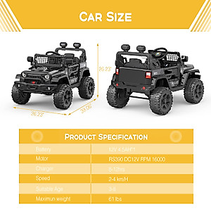 Ride on Truck Car 12V Kids Electric Vehicles with Remote Control Spring Suspension, LED Lights, Bluetooth, 2 Speeds