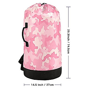 xigua Cute Pink Camo Laundry Bag Drawstring Closure Waterproof Durable Backpack Storage Basket Organization Dirty Clothes Bag Laundry Hamper with Shoulder Straps