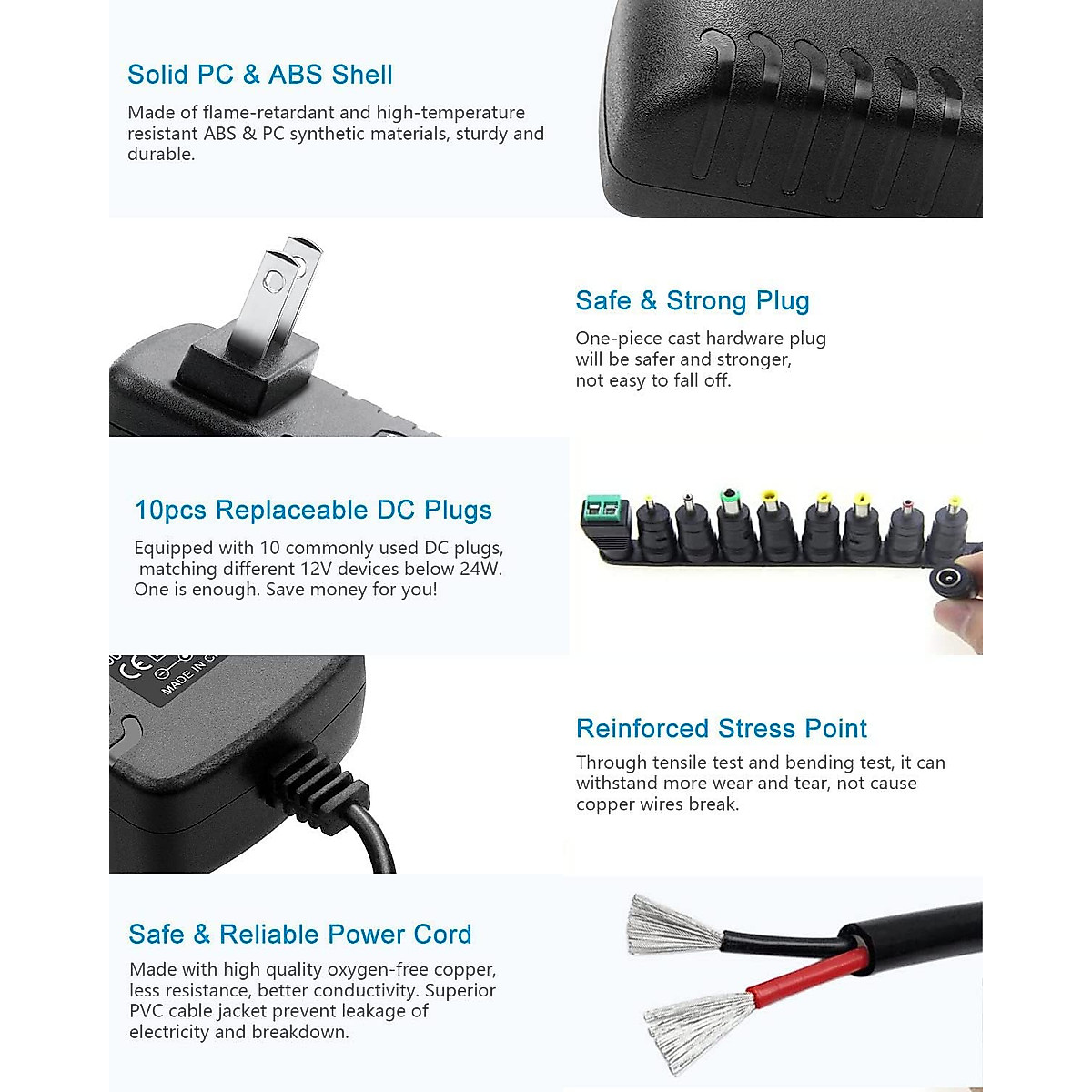 DC 12V 2A Power Supply AC DC Power Adapter with 10 Tips, DC in 12V 2A Power Cord,AC 100-240v, 50/60HZ, 5.5x2.5mm DC Output Jack,12V2a Adapter Converter Transformer