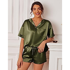 Ekouaer Silk Pajamas Womens Short Sleeve Sleepwear 2 Piece Pjs Shorts Set S-XXL Army Green