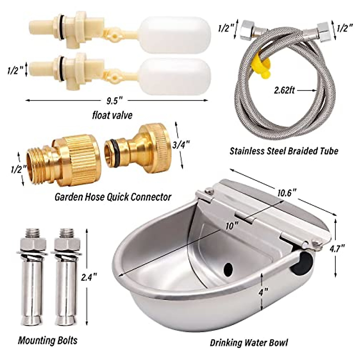 ZHEQOGZH Automatic Dog Water Dispenser Water Trough for Livestock Pig Chicken Waterer Stainless Steel Automatic Waterer Bowl with Float Valve Drain Plug Braided Hose Garden Hose Quick Connect Fittings