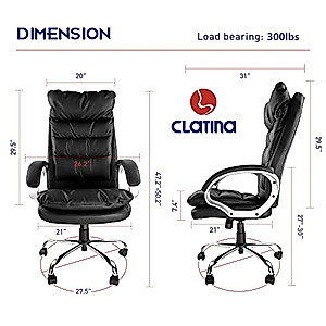 CLATINA Computer Desk Chair with Wheels and Padded Arms, Ergonomic PU Leather Swivel Home Office Chair with Double Seat Cushion, Adjustable High Back Comfort Executive Office Chair (Black)