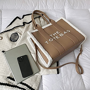 Tote Bag for Women, Large PU Leather Tote Bag with Lamb Wool, Crossbody/Handbag for Travel/Work/School (khaki)