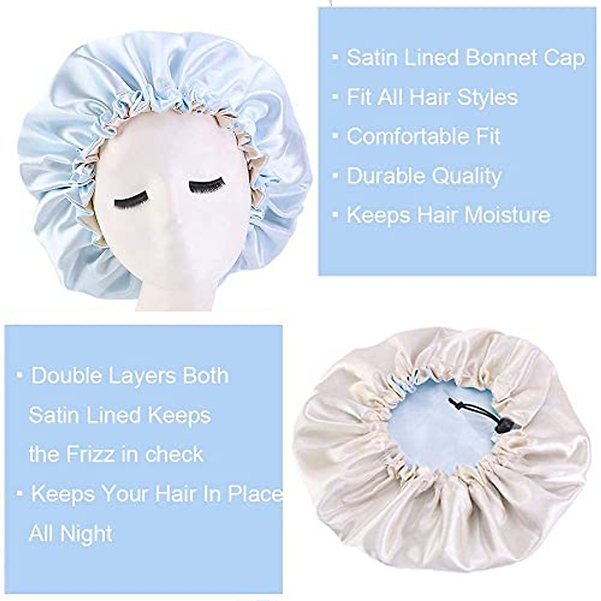 Cospack Satin Bonnet Sleep Bonnet Cap - Extra Large Double Layer Reversible Adjustable Satin Cap for Sleeping Hair Bonnet (L.blue+Beige)