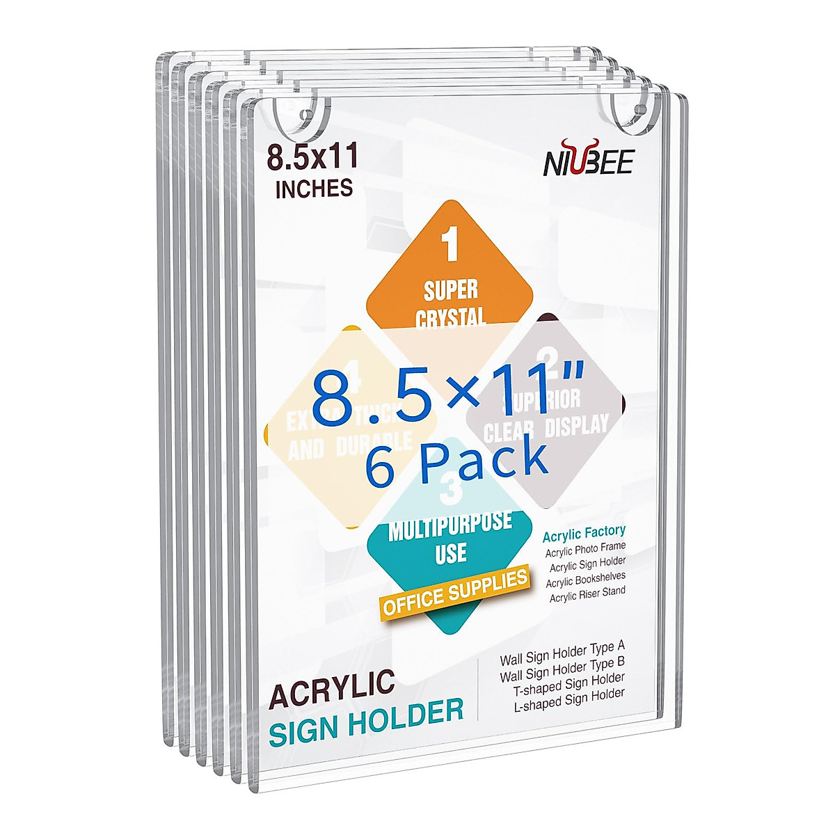 NIUBEE 6 Pack Acrylic Wall Sign Holder 8.5x11 Vertical, Clear Plastic Picture Frame, Wall Mounted Design, Support No Drilling(Provide 3M Tape and Screws)