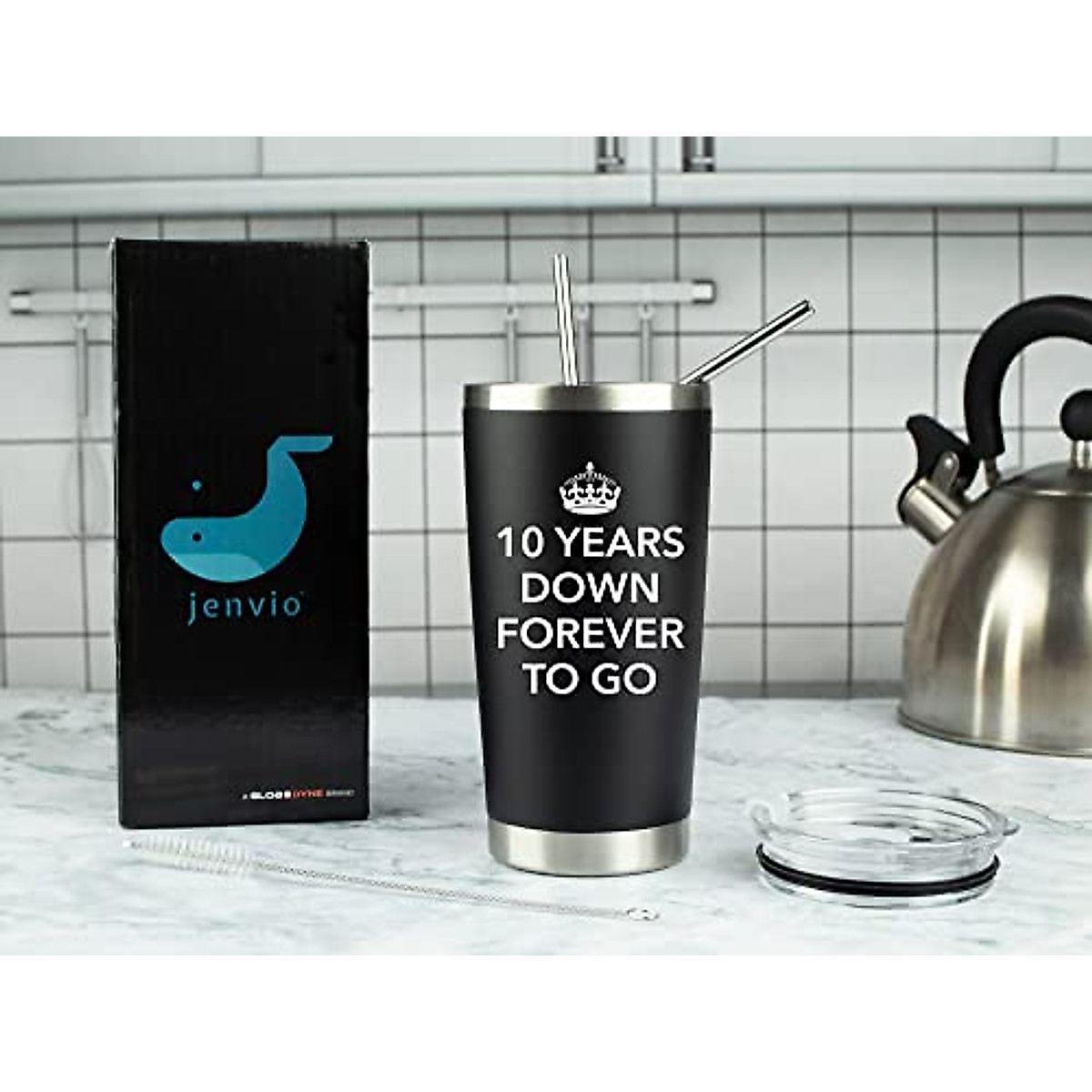 JENVIO 10 Year Anniversary for Him | 20oz Steel Travel Tumbler/Mug for Coffee or Cold Drinks | 10th tenth best Wedding Cup Gifts for Men Her Woman Work Husband Idea
