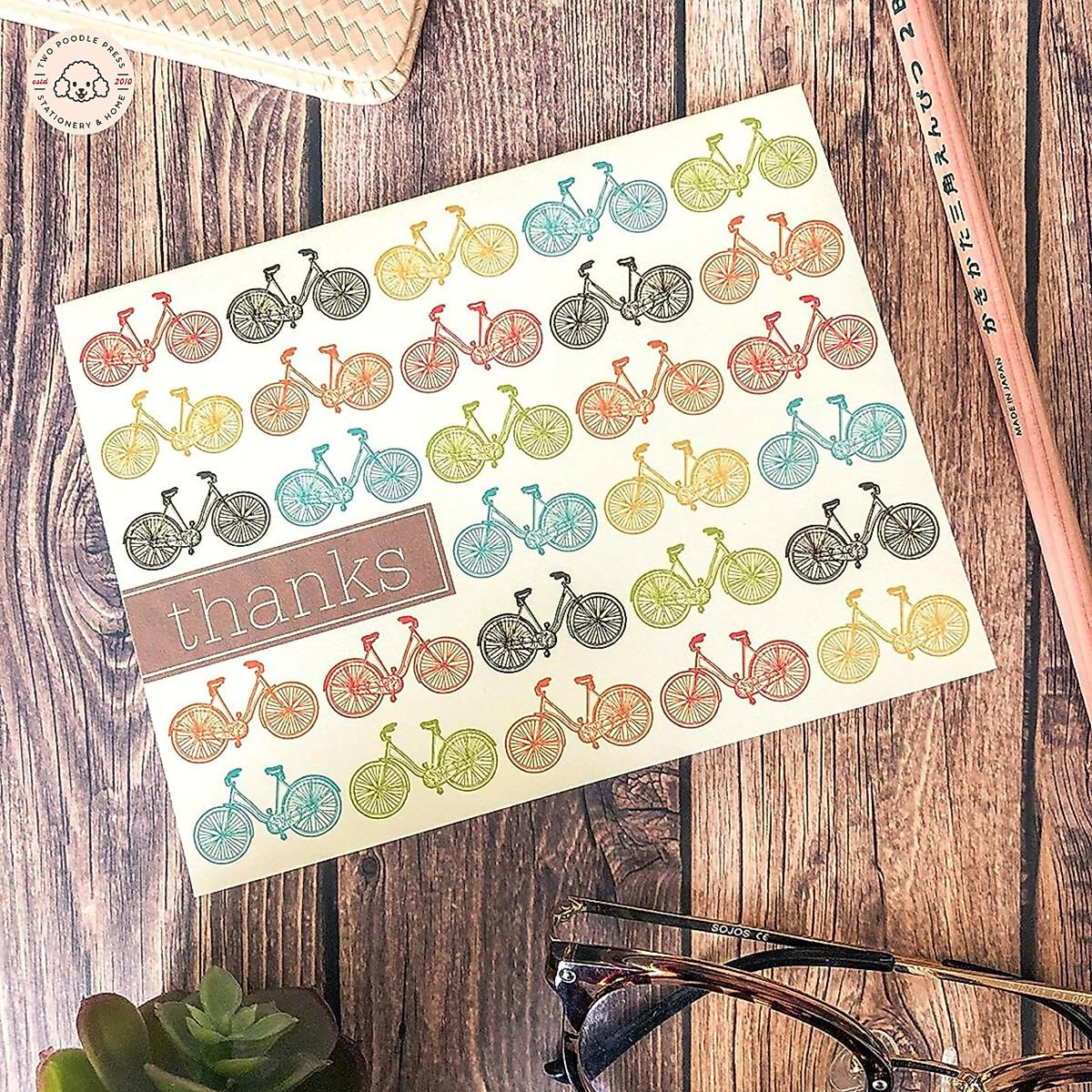 Two Poodle Press 20 Bicycle Thank You Greeting Cards - For Bikes, Cyclists, Pelotonia, Charity Bike Rides Nancy Stationery with Matching Cream Envelopes Birthday Present for Bicycle Lovers