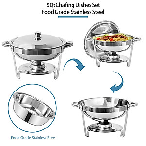 Jacgood Chafing Dish Buffet Set Full Size Stainless Steel, Silver Round Catering Warmer Set with Food and Water Trays, Mirror Cover, Thick Stand Frame for Kitchen Party Banquet (5 Qt 2 Pack)