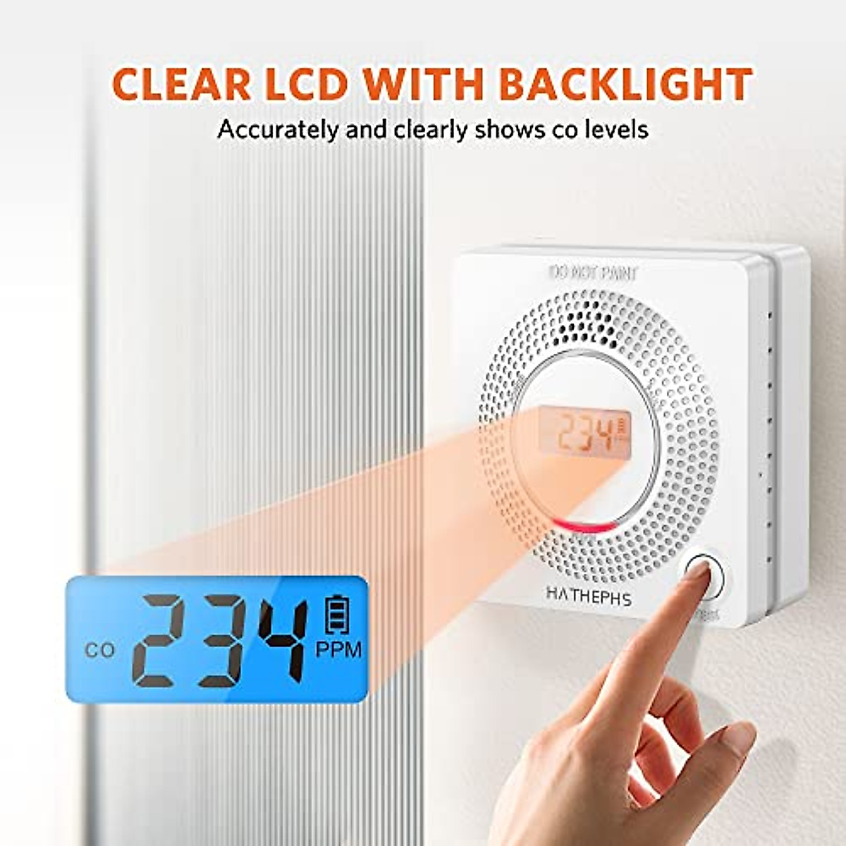 Carbon Monoxide Detector Alarm, HATHEPHS 10-Year Life Portable CO Detector with Digital LCD Display, Battery Powered CO Alarm with 3 LED Lights for Home, Office and Travel