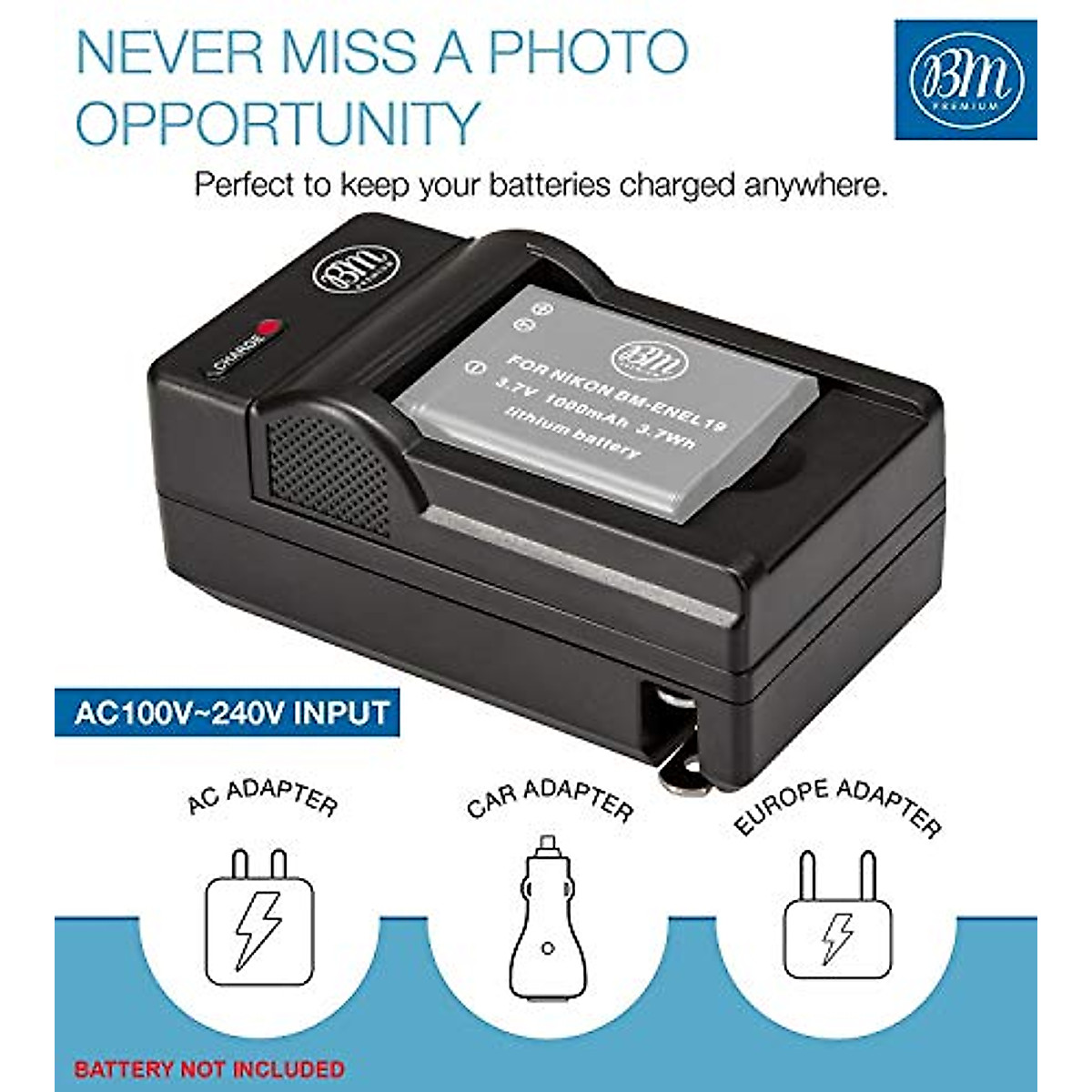 BM EN-EL19 Battery Charger (MH-66 replacement) for Nikon Coolpix A300, W100, W150, S3100, S3200, S3300, S3500, S3600, S3700, S4100, S4200, S4300, S5200, S5300, S6400, S6500, S6800, S6900, S7000 Camera