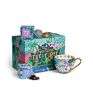T2 Tea Tea Time Treasures Tea and Teaware Giftpack, 2 Loose Leaf Floral Tea in Mini Festive Feature Box, A Limited Edition Fine Bone China Mug, A Golden Pineapple Infuser, Best Gift for Holiday