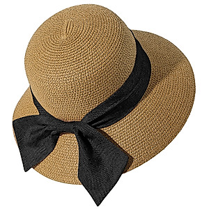 Lanzom Summer Sun Hats for Women Lady Wide Brim Straw Hat Beach Hat UPF Foldable Packable Cap for Travel Outdoor(Medium,Khaki)