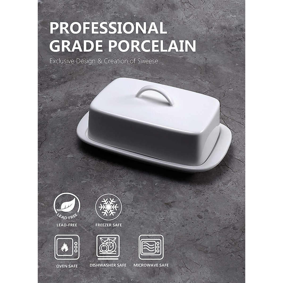 Sweese Large Butter Dish with Lid for Countertop, Porcelain 8oz Butter Keeper with Handle Cover Design, 7.7 Inch Butter Container Perfect for East/West Coast Butter, White