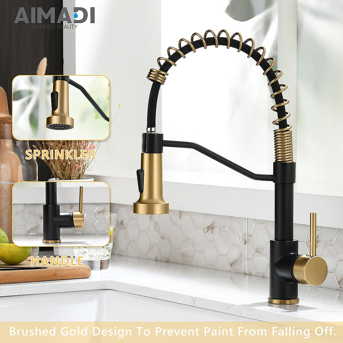 AIMADI Black Faucet Kitchen,Commercial Black Gold Kitchen Faucet Matte Black Modern Single Handle Kitchen Faucet with Pull Down Sprayer for Rv Farmhouse Camper