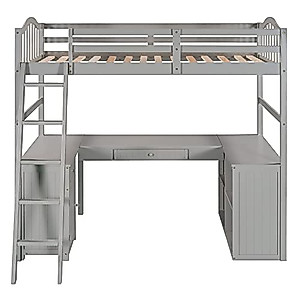MegaChunk Twin Size Loft Bed with Drawers, Cabinet, Shelves and Desk, Wooden Loft Bed with Desk - Gray