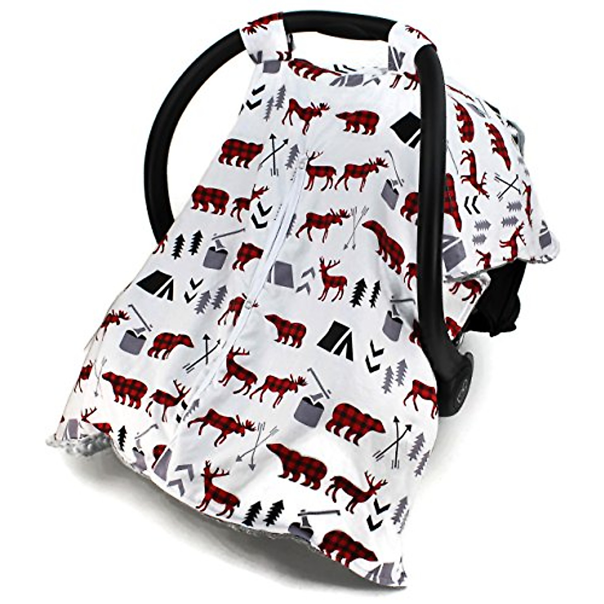 Dear Baby Gear Car Seat Canopy, Woodland Adventure Bear Moose Plaid, Minky Grey