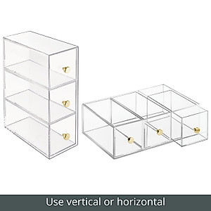 mDesign Plastic Kitchen Pantry Stackable Storage Organizer Container Station with 3 Drawers for Cabinet, Countertop, Holds Coffee, Tea, Sugar Packets, Creamers, Drink Pods, Packets - Clear/Soft Brass