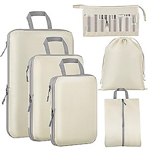 Compression Packing Cubes for Suitcase, GEEDIAR 6 PCS Travel Bags Organizer for Luggage, Travel Organizer Cubes for Travel Essentials, Lightweight Packing Cubes for Travel Accessories with Shoe Bag Khaki