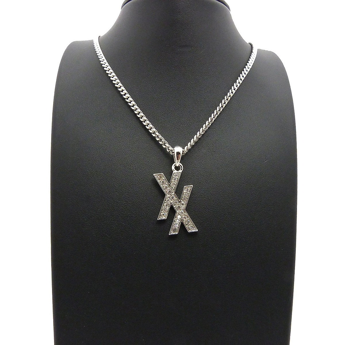 NYFASHION101 Stone Stud Double X Pendant w/ 3mm 24" Cuban Chain Necklace, Silver-Tone