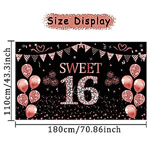 Trgowaul Sweet 16 Birthday Decorations for Girls,Rose Gold Sweet 16 Photo Backdrop Banner, Sixteen Birthday Party Sign Photography Supplies, Pink Sweet 16 Decorations Poster Background Decor