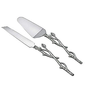 Elegant Rustic Cake Server and Knife Set with Beautiful Leaf Design, Ideal Cake Cutting Set For Wedding Party's and Elegant Events, 2 Piece Silver Twig Pie Server Set…