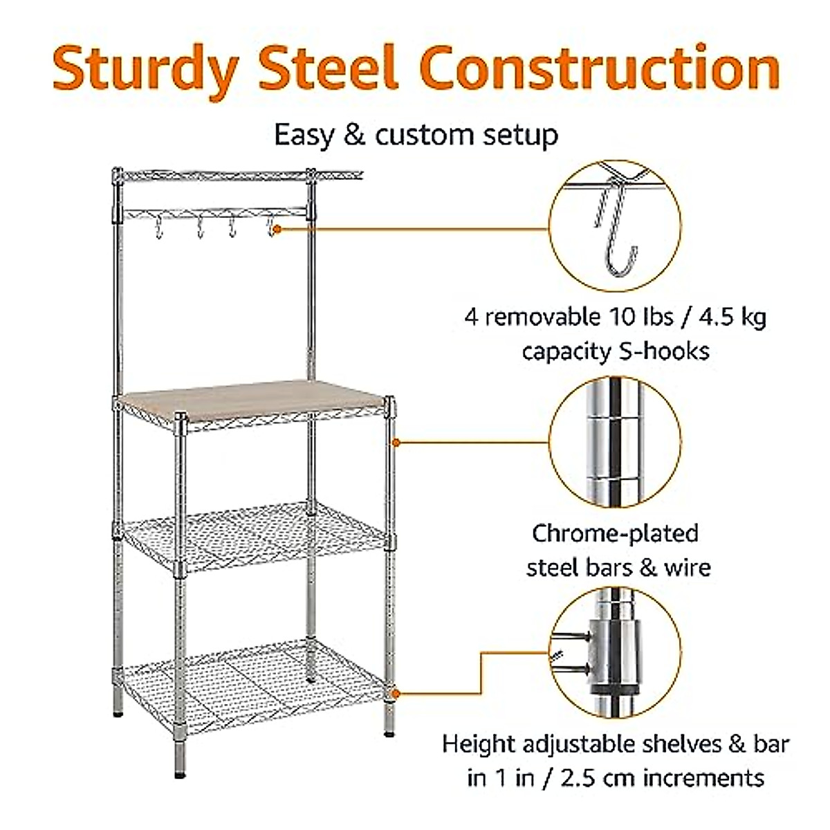 Amazon Basics Kitchen Storage Baker's Rack with Removable Top, Chrome/Beige, 18"D x 24" W x 59"H