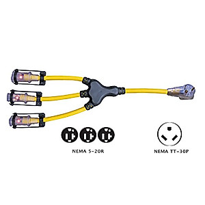 Voltec 04-00215 2ft 10/3 TT-30P Generator "W" Adapter w/E-Zee Lock & (3X) 5-20R Lighted Receptacles