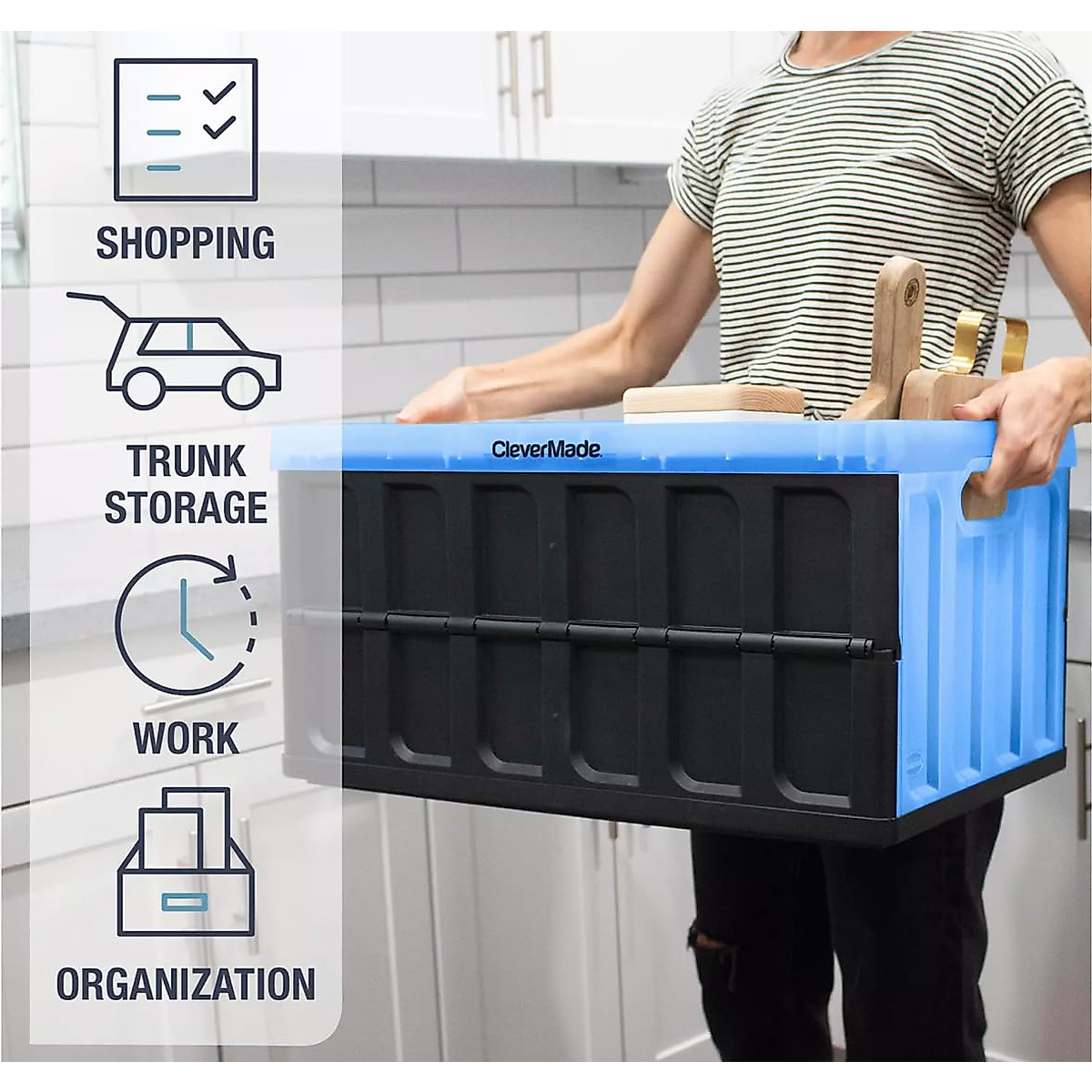 CleverMade 62L Collapsible Storage Bin, No Lid, Black/Translucent Blue.