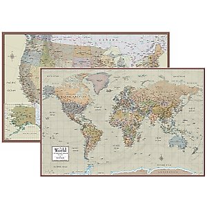 Swiftmaps World and USA Contemporary Premier 3D Two Wall Map Set (24x36 Laminated)