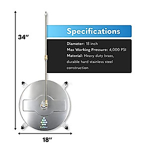 EDOU DIRECT Pressure Washer Surface Cleaner 18" with wheels | Stainless Steel | HEAVY DUTY | 4,000 PSI Max Working Pressure | Includes: 2 Pressure Washer Extension Wand Attachments
