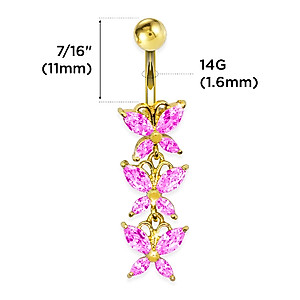 Pierce2GO 3 Butterflies Dangle Belly Button Ring - 14G Anodized Gold Surgical Steel Butterfly Belly Button Ring with Cubic Zirconia Stones - Belly Button Rings Piercing for Women – 7/16” (Gold, Pink)