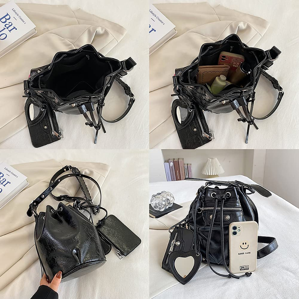 Large Capacity Bucket Bag Purses for Women, Cool Studded Punk Motocycle Crossbody Bag,PU Leather Drawstring Shoulder City Bag (Purple)