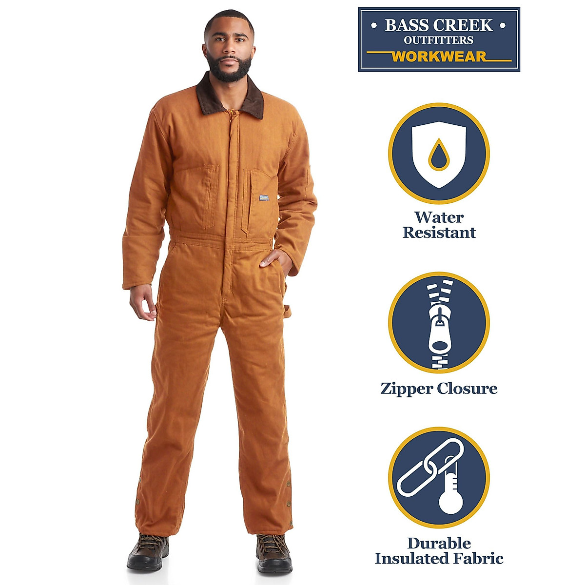 Bass Creek Outfitters Men's Coveralls – Water Resistant Insulated Long Sleeve Duck Canvas Jumpsuit (Sizes: M-XXL), Size Large, Wheat