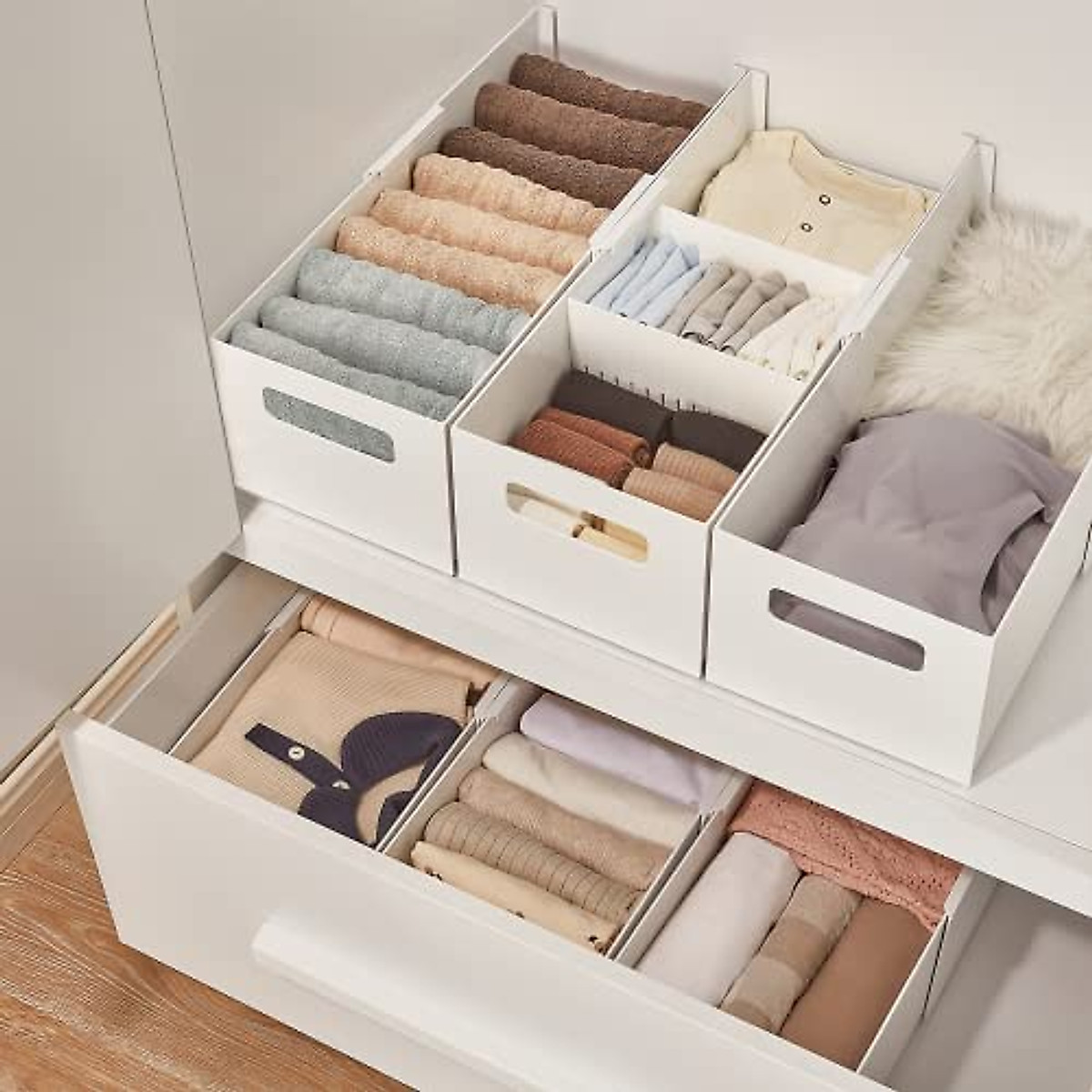 WELLHONG Long 19.69 inch Kitchen Adjustable Organizer and Storage bins, Front Dip Opening Organization with Handle for Cabinet, Shelf, Closet, Cupboard - 1Pack - Pure White