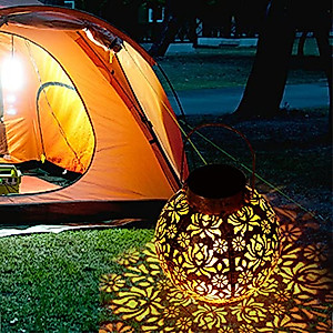 DUSVALLY Solar Lantern Hanging Waterproof Solar Lights for Patio, Backyard & Tree, 2 Pack Garden Decoration Lantern Light with Hollow-Out Retro Design, 7"H, Bronze