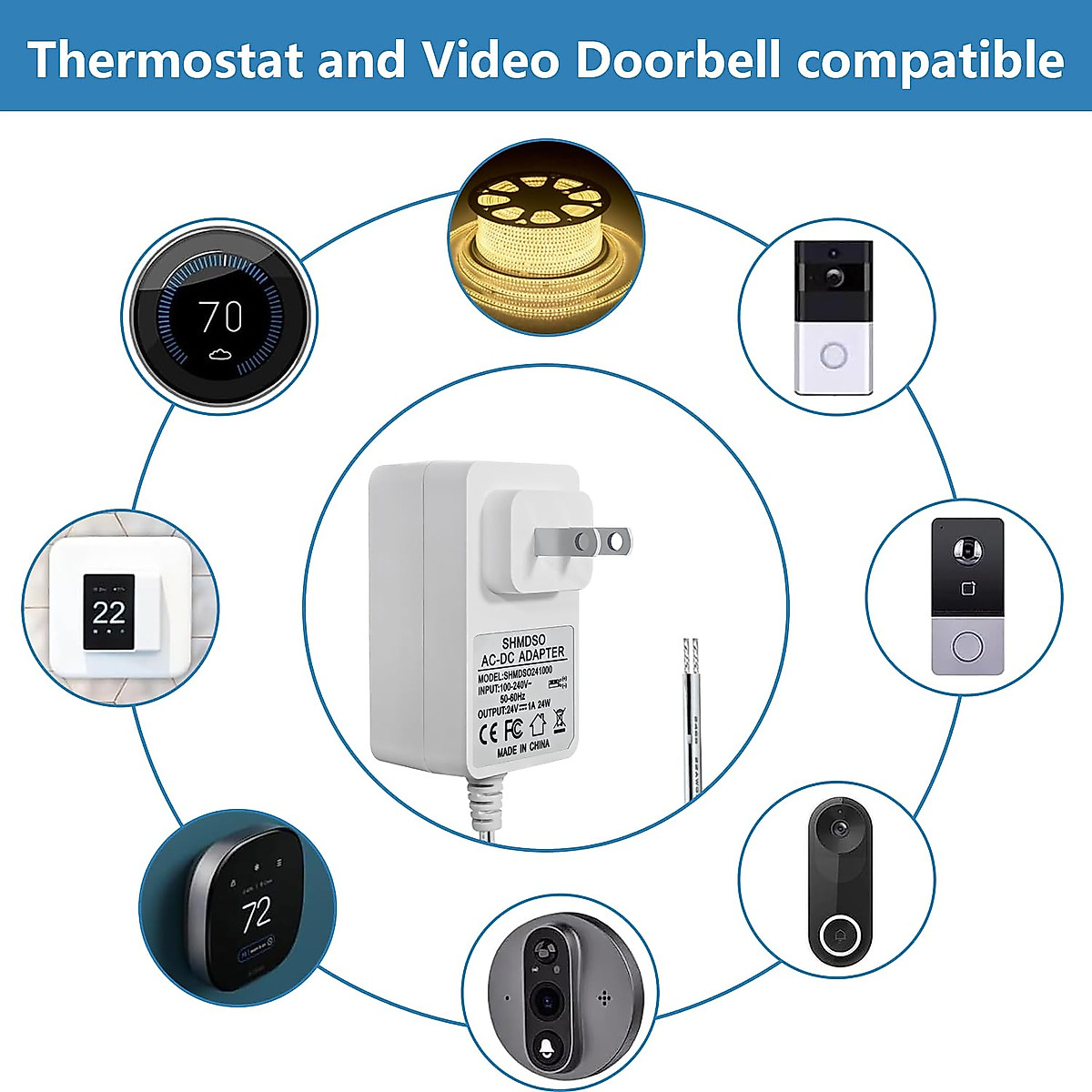 DC 24Volt Transformer,C Wire Adapter,33 FT Long Cable,Compatible with Ring Doorbell Transformer and Thermostat for Sensi,ecobee and Honeywell Transformer