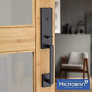 Kwikset Vancouver Low Profile Front Lock Handleset with Microban Including Slim Modern Halifax Door Lever Handle Featuring SmartKey Security, Iron Black 98180-015