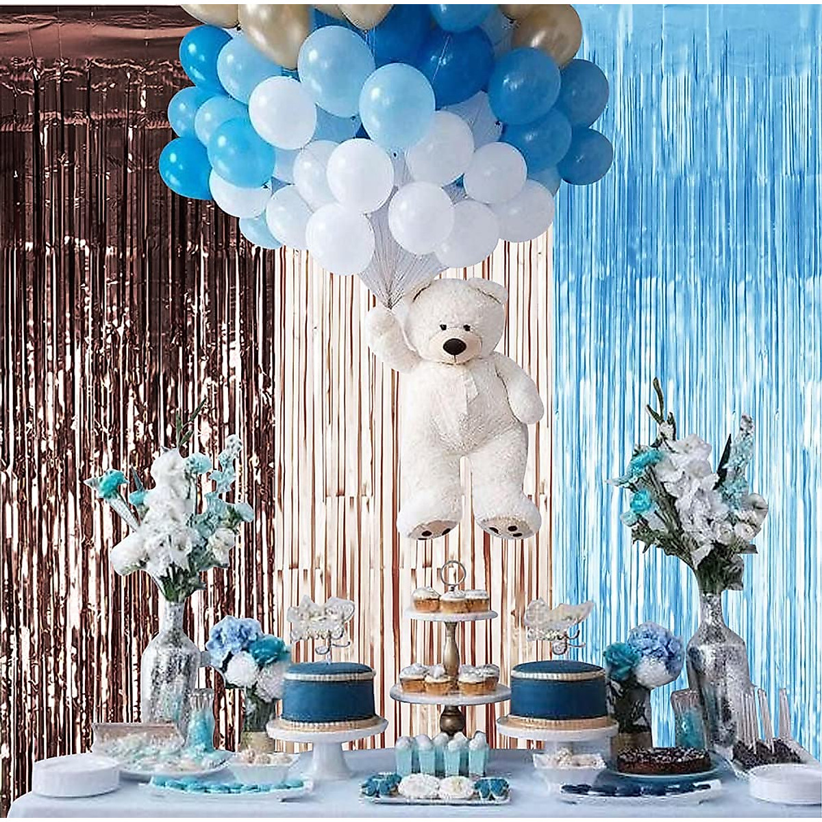 Teddy Bear Theme Baby Shower Decorations Teddy Bear Theme Birthday Party Decorations Teddy Bear Party Backdrop Blue Tan Brown Foil Curtains