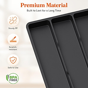 Lifewit Utensil Drawer Organizer, Expendable Cooking Silverware Tray for Kitchen Drawer, Adjustable Cutlery Flatware Holder, Plastic Spatula Tools and Gadgets Storage Divider, 4 Compartments, Black