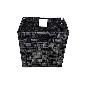 Simplify Striped Woven Basket for Storage with Handles, Nursery, Playroom, Toys, Bedroom, Closet, Clothes, Office, Decorative Lurex Totes, Medium, Black/Silver