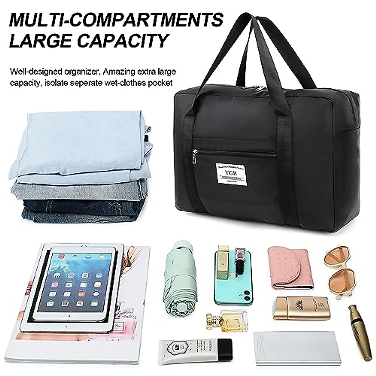 YGR Travel Duffel Bag, Personal Item Bag for Spirit Airlines, Foldable Sports Tote Gym Bag, Carry on Luggage Shoulder Bag, Weekender Overnight Bag for Women and Men, Black