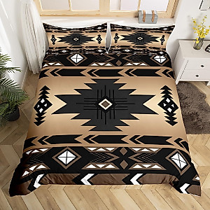 Western Decor,Vintage Exotic Indian Geometry Comforter Cover Boho Western Bedding Sets Queen,Ethnic Tribal Arrow Duvet Cover Aztec Bedding,Western Home Decor Farmhouse Decor,Black Brown