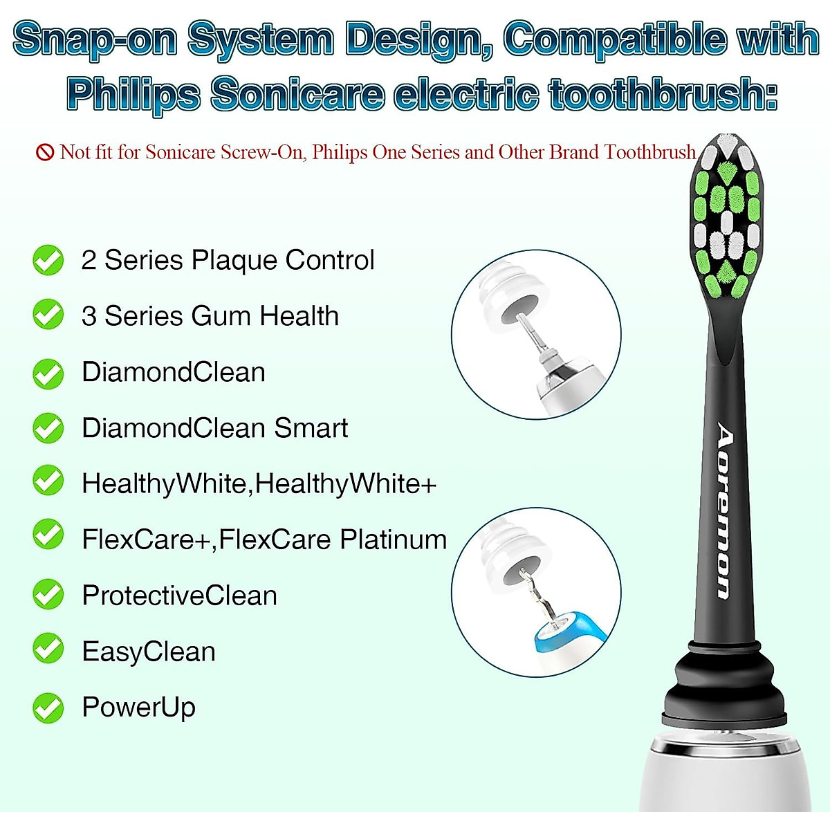 Aoremon Replacement Brush Heads for Sonicare - Electric Toothbrush Heads Compatible with Philips Sonicare W 6100 5300 4100 & Most Snap-on Toothbrush Modle, Black 10PCS