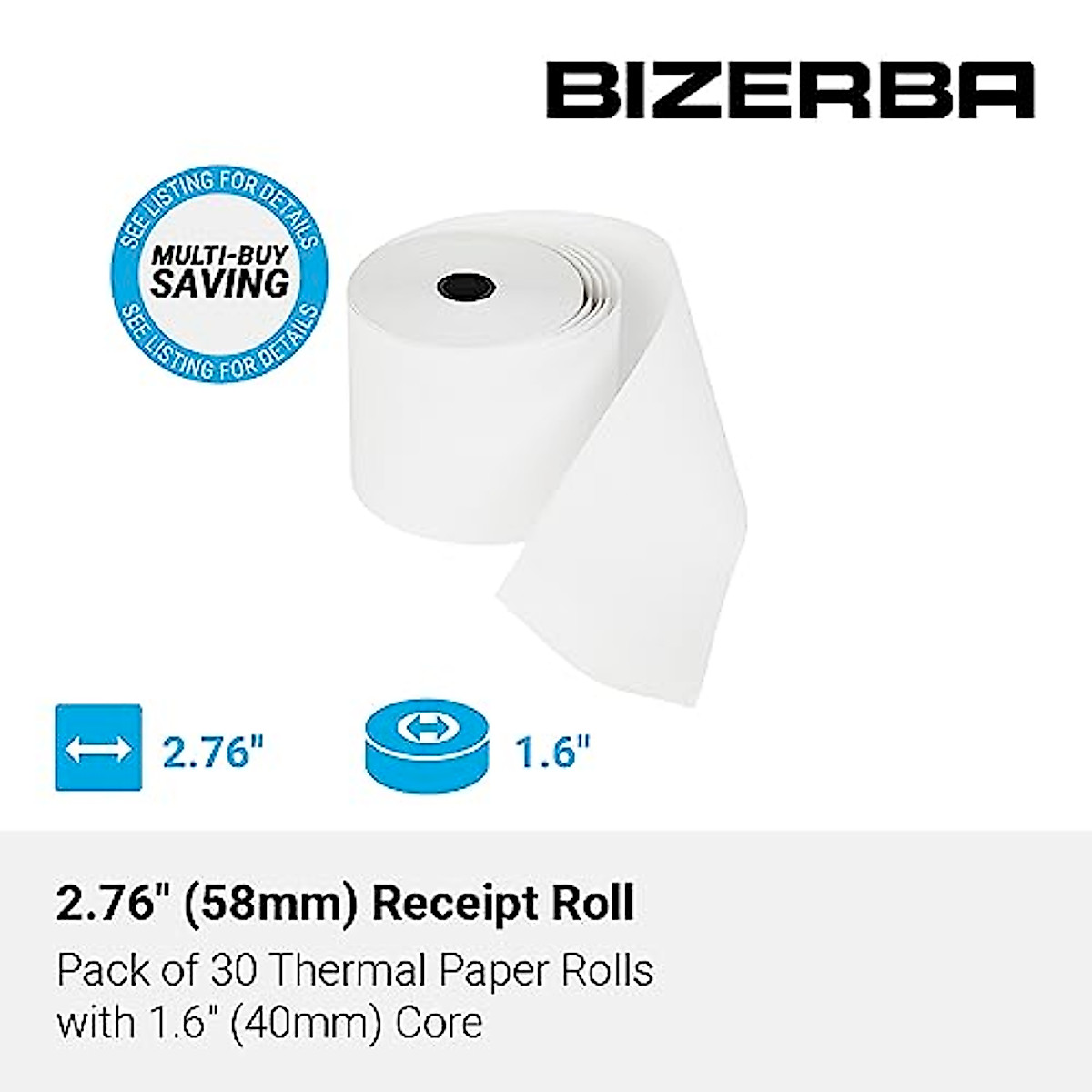 Bizerba Receipt Rolls 2.8" (70mm) Thermal Receipt Paper Rolls, 1.6" (40mm) Core. Pack of 30 Thermal Paper Rolls for Weighing Machines with Thermal Label Printer