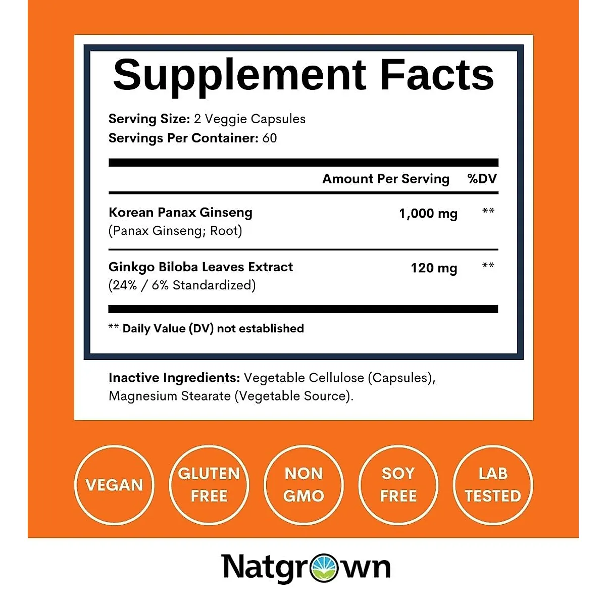 Natgrown Panax Ginseng & Ginkgo Biloba Supplement - Red Korean Ginseng & Ginko Biloba Capsules for Men & Women - Supports Memory Focus & Brain Function - Vegan Pills - 120 Count