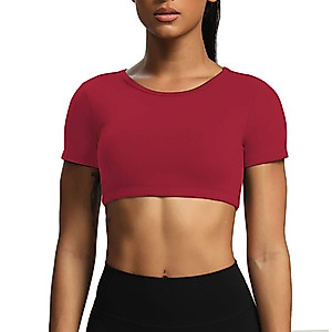 Aoxjox Short Sleeve Crop Tops for Women Clarissa Hollow Back Workout Cropped T Shirt Top (Rumba Red, Small)