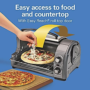Hamilton Beach Easy Reach 4-Slice Countertop Toaster Oven With Roll-Top Door, 1200 Watts, Fits 9” Pizza, 3 Cooking Functions for Bake, Broil and Toast, Silver (31344DA)