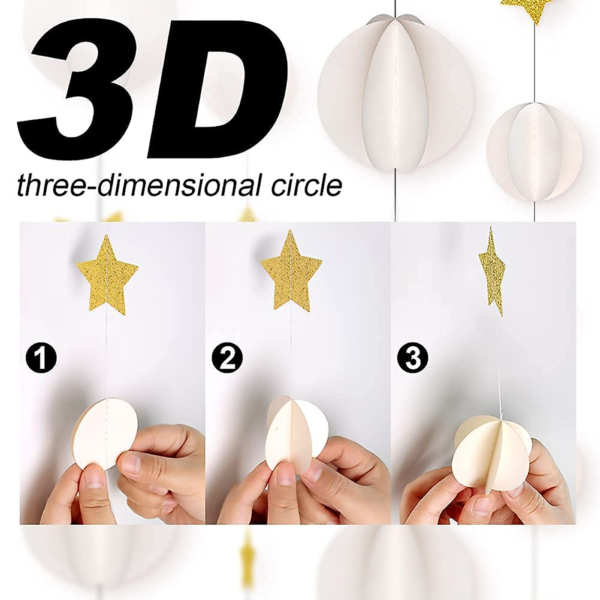 HappyField White Gold Baby Shower Decorations 2Pcs Glitter Gold Star White 3D Circle Garland Rustic Baby Shower Decorations Birthday Party Decorations Wedding Decorations Bridal Shower Decorations